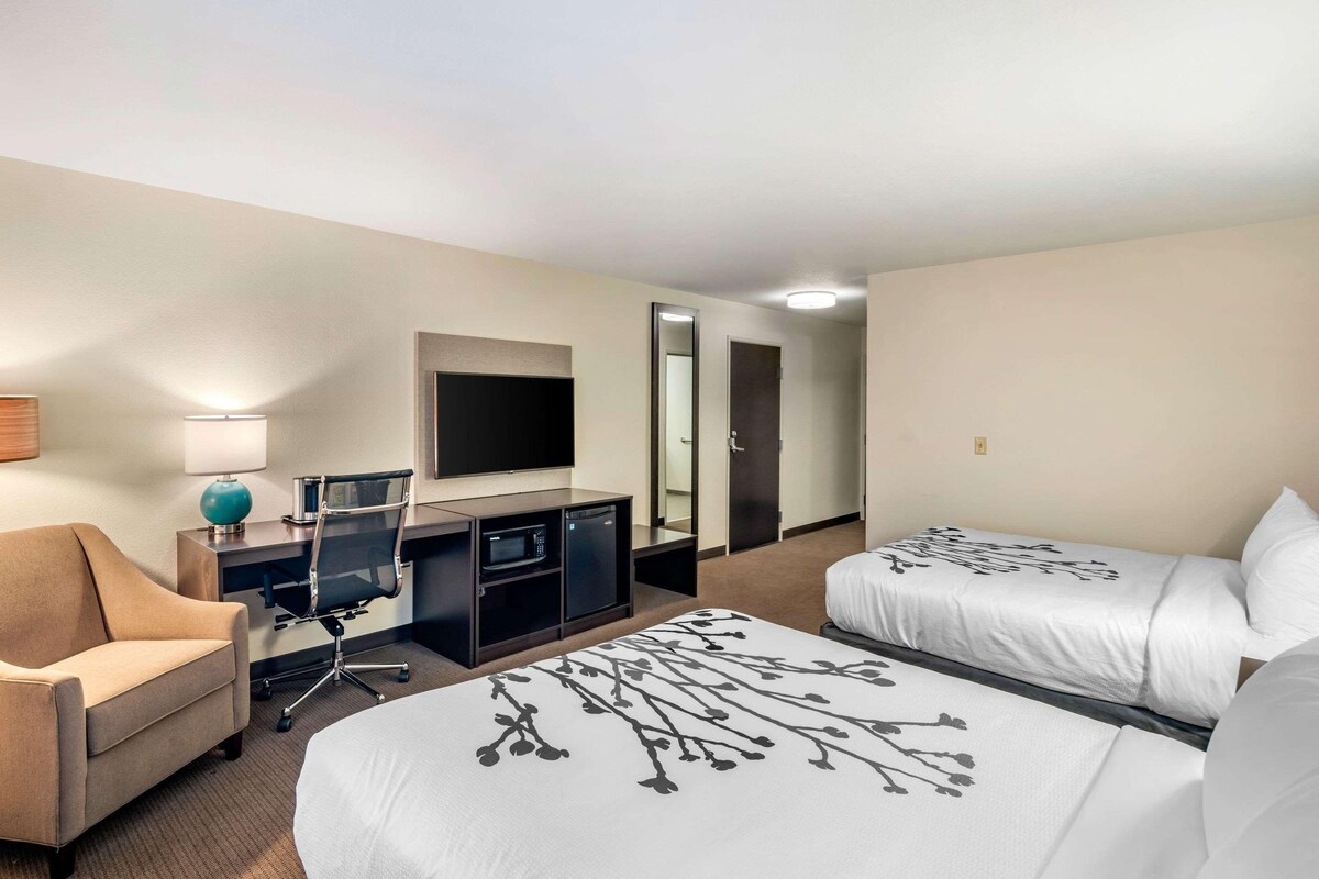 Quarto de hotel com duas camas, uma escrivaninha, uma cadeira, uma televisão e um espelho.