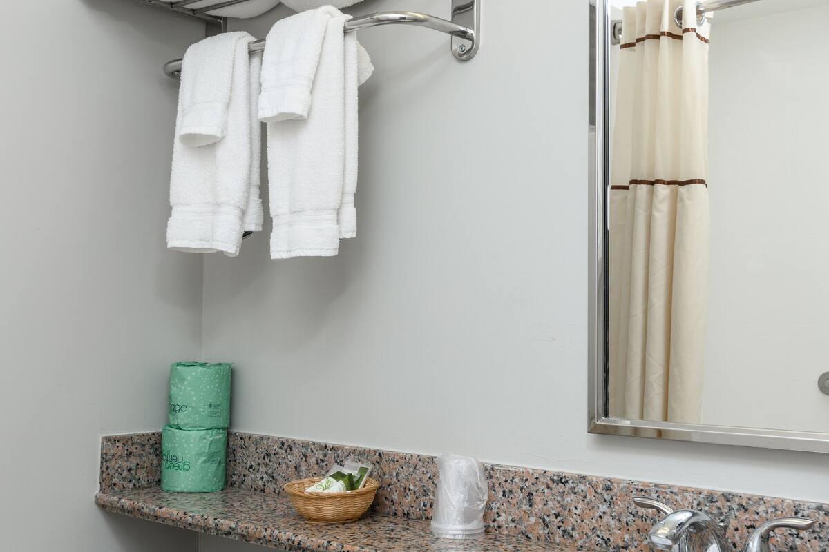 Uma casa de banho com lavatório de bancada de granito, sanita, um porta-toalhas com toalhas dobradas, um dispensador de toalhas verde e um espelho.