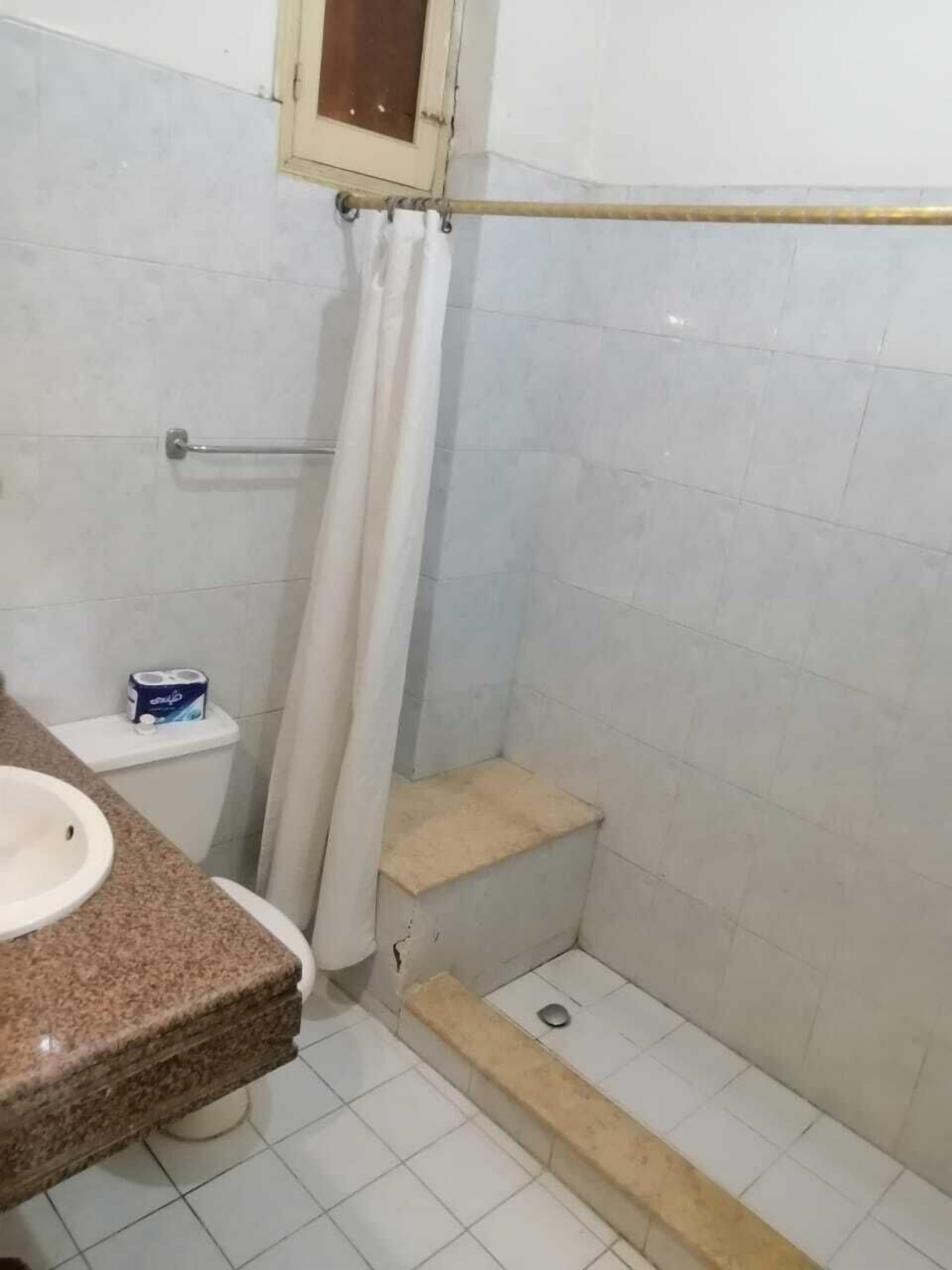 Uma casa de banho pequena com sanita, lavatório e zona de duche.