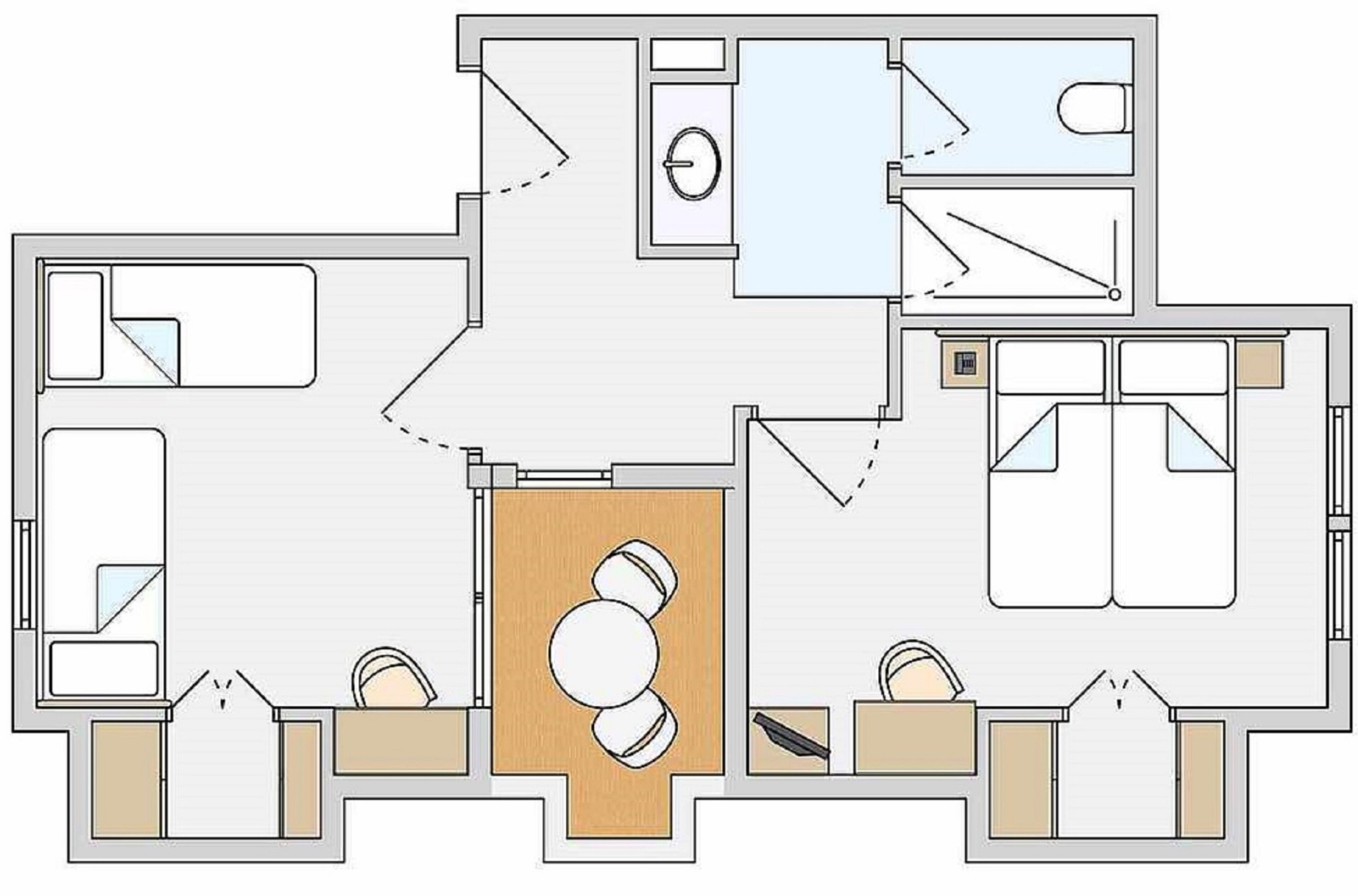 Planta baixa com área de estar central, dois quartos, um banheiro e cozinha.