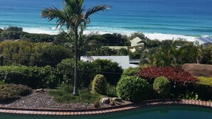 Piscina com vista para o oceano e uma palmeira.