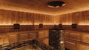 Uma sauna com paredes e bancos de madeira, uma lareira central e uma luminária no teto.