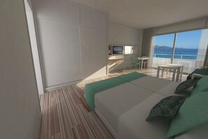 Quarto de hotel moderno com uma cama grande, uma mesa de escritório, uma cadeira e uma televisão.