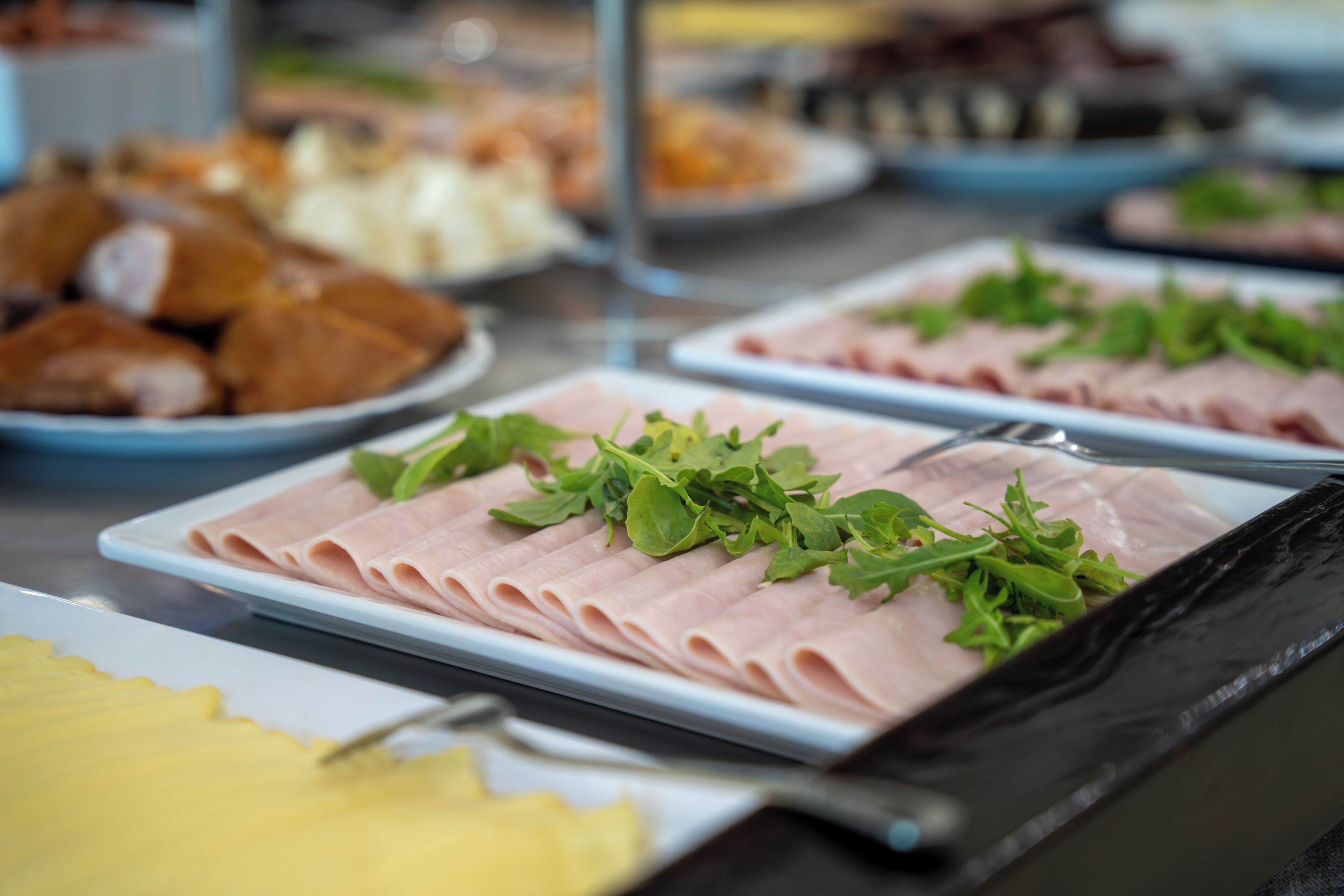 Buffet com diversos pratos, incluindo carnes fatiadas e saladas.