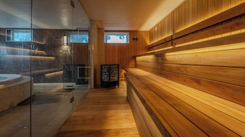 Sauna seca, banheira de hidromassagem, massagens