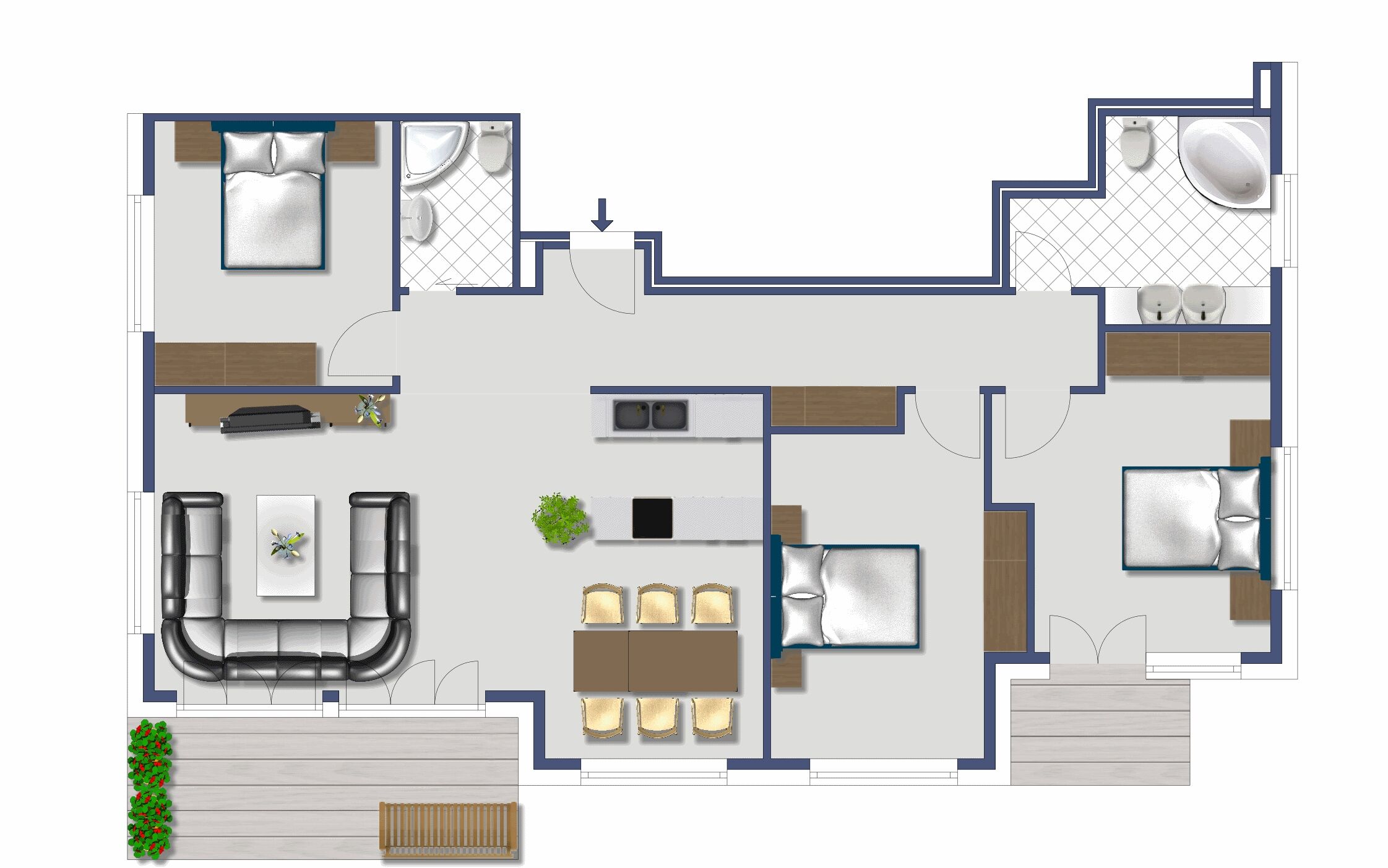 Planta baixa de um quarto de hotel, com área de estar, sala de jantar, banheiro e cozinha compacta.