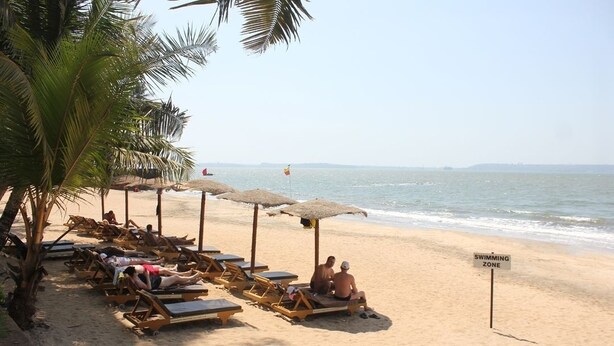 Uma praia com espreguiçadeiras e guarda-sóis, uma placa a indicar zona de natação e palmeiras.
