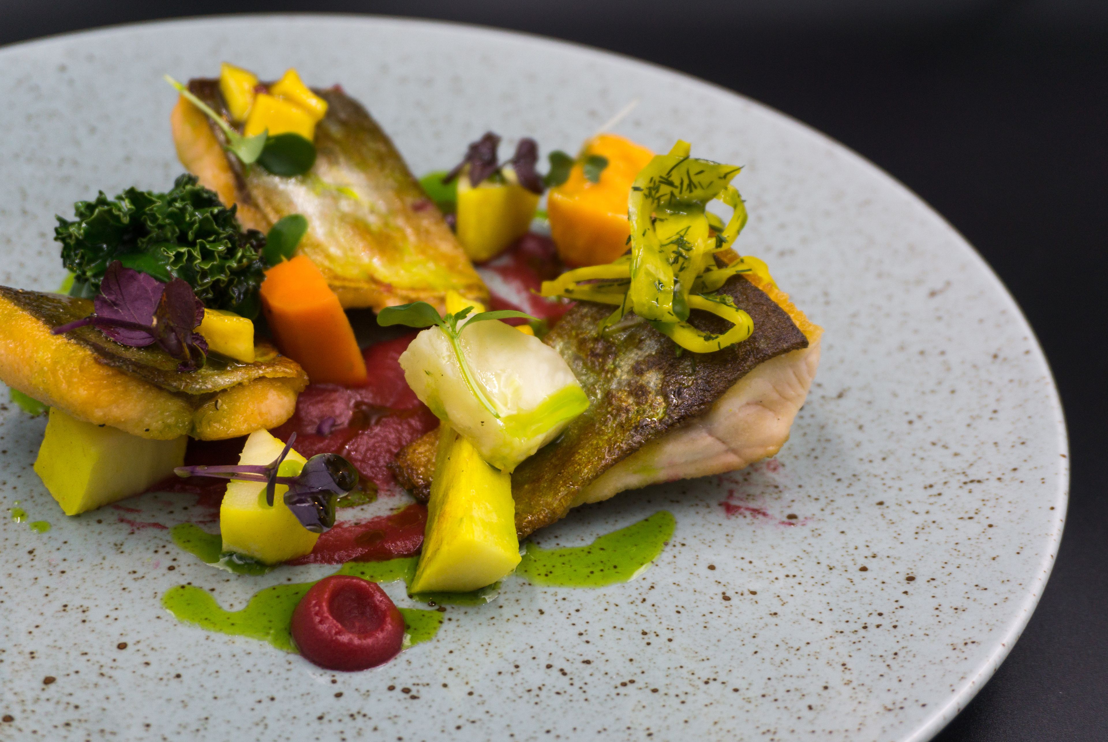 Um prato de comida com diversos vegetais e um pedaço de peixe.