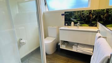 Apartamento, 1 quarto | Casa de banho | Um polibã, artigos de higiene pessoal grátis, um secador de cabelo