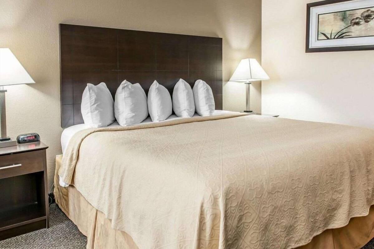 Quarto de hotel com uma cama grande, duas mesas de cabeceira, um criado-mudo e uma moldura com um quadro na parede.