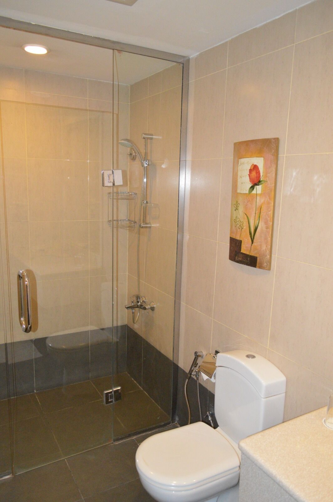 Casa de banho com cabine de duche em vidro, sanita e lavatório.