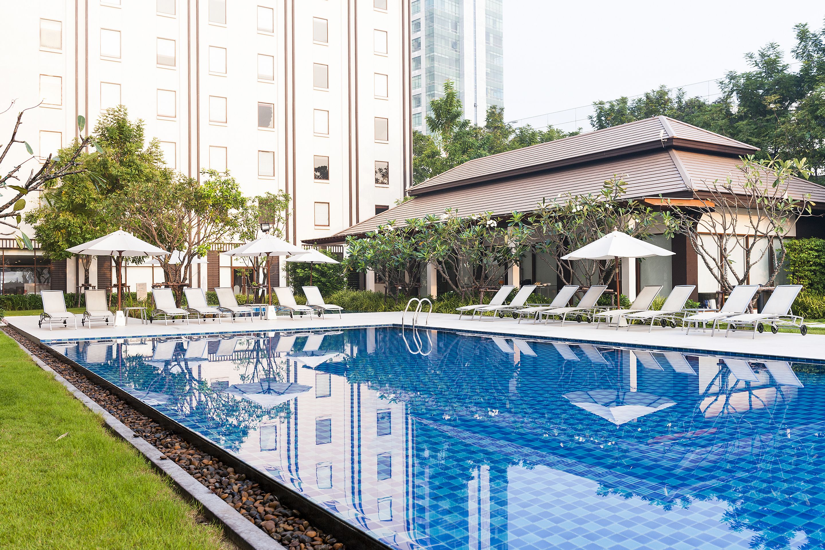 Piscina exterior, guarda-sóis, espreguiçadeiras 