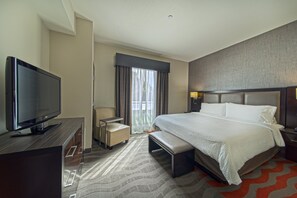 Quarto de hotel com uma cama grande, televisão de tela plana, escrivaninha e uma cadeira.