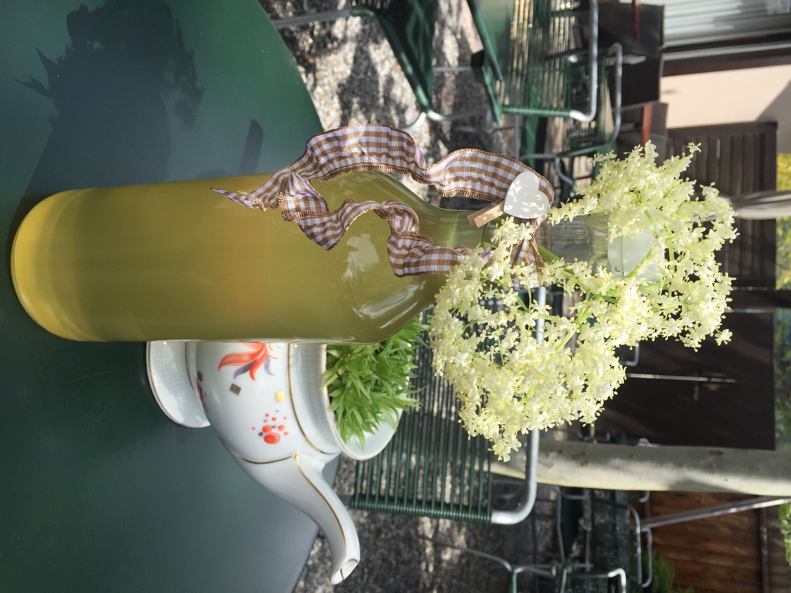 Uma garrafa de azeite com um laço xadrez e uma pequena planta em vaso com flores brancas.