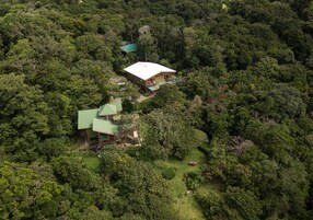 Vista aérea de uma casa cercada por floresta densa, com um telhado verde grande e uma área de varanda visível.