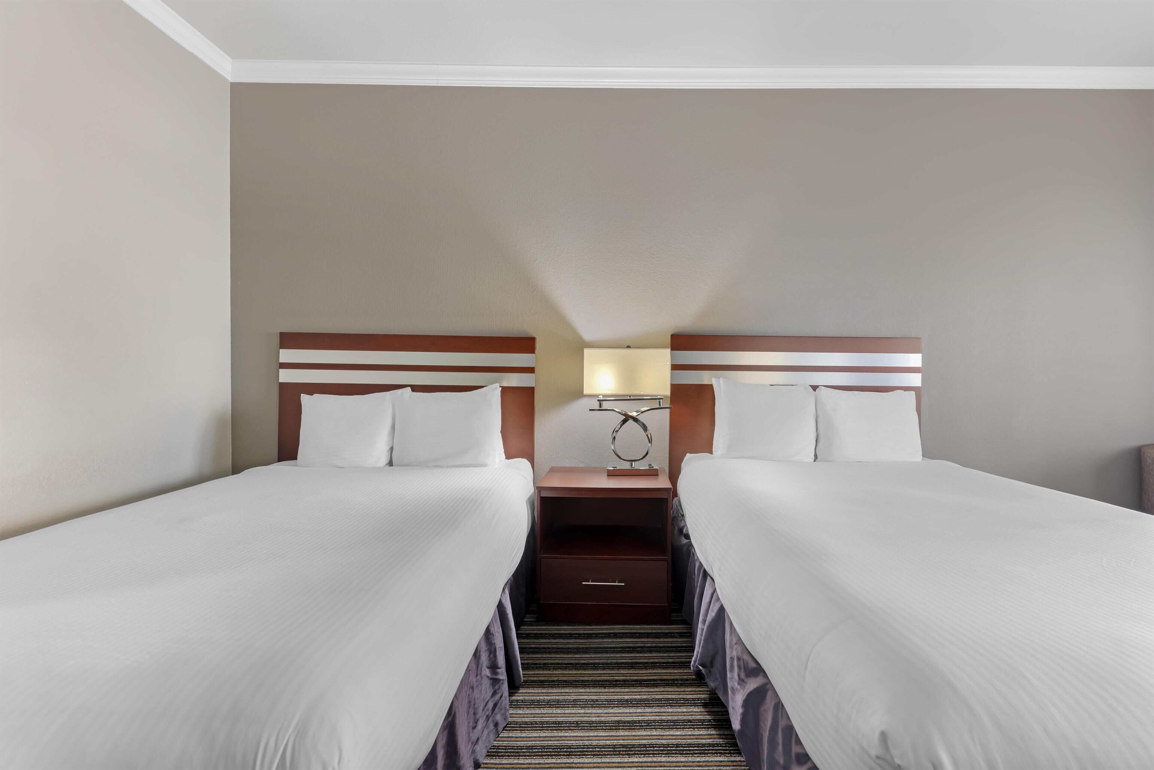 Quarto de hotel com duas camas de solteiro, mesa de cabeceira com abajur e chão coberto de carpete.