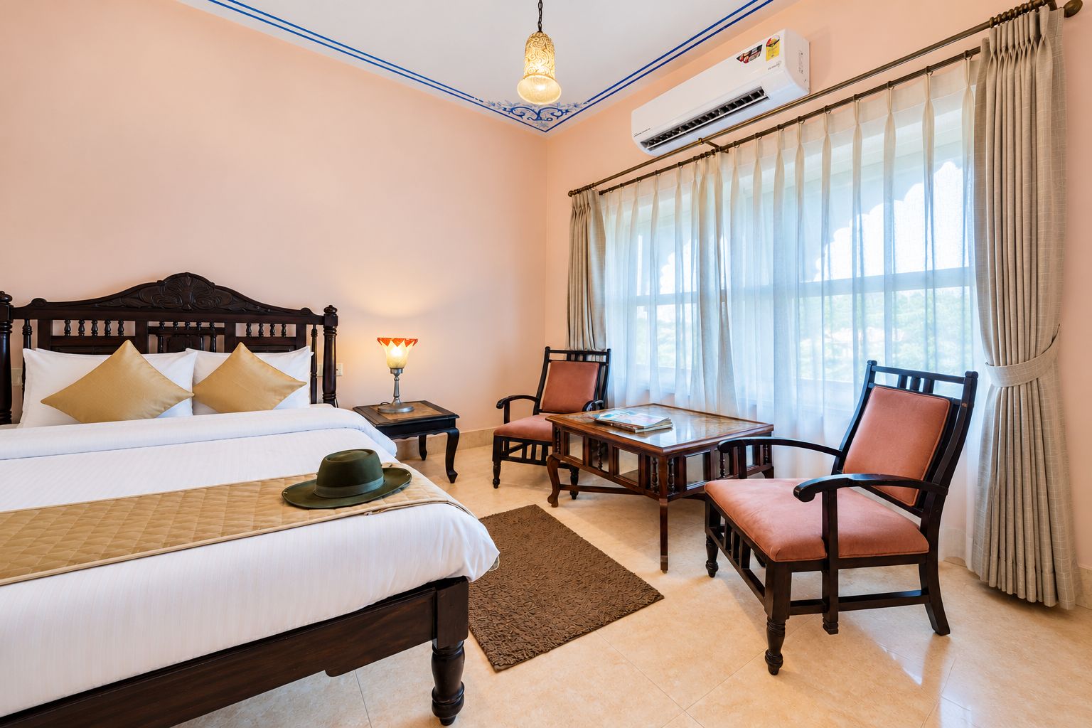 Quarto de hotel com cama, mesa e cadeiras, ar condicionado e janela com cortinas.