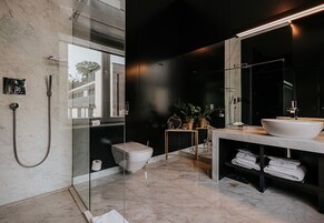 Quarto Deluxe | Casa de banho | Um chuveiro fixo, artigos de higiene pessoal grátis