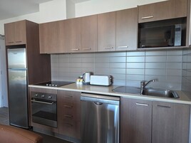 Um frigorífico, um micro-ondas, um forno, uma placa de cozinha