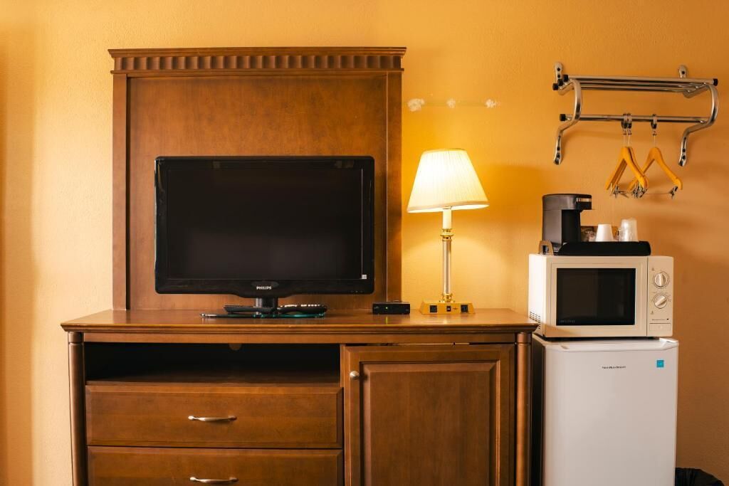 Quarto de hotel com escrivaninha de madeira, televisão, luminária, micro-ondas e mini-geladeira.