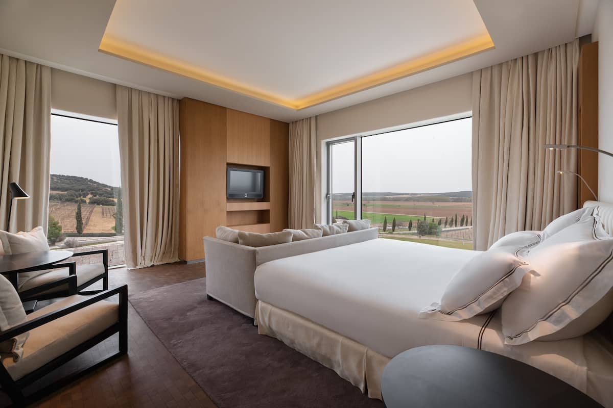 Quarto de hotel moderno com uma cama grande, um sofá, uma TV e vista para o campo.