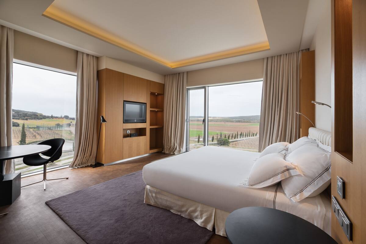 Quarto de hotel moderno com uma cama grande, uma escrivaninha e uma TV. O quarto possui janelas amplas com vista para o campo.