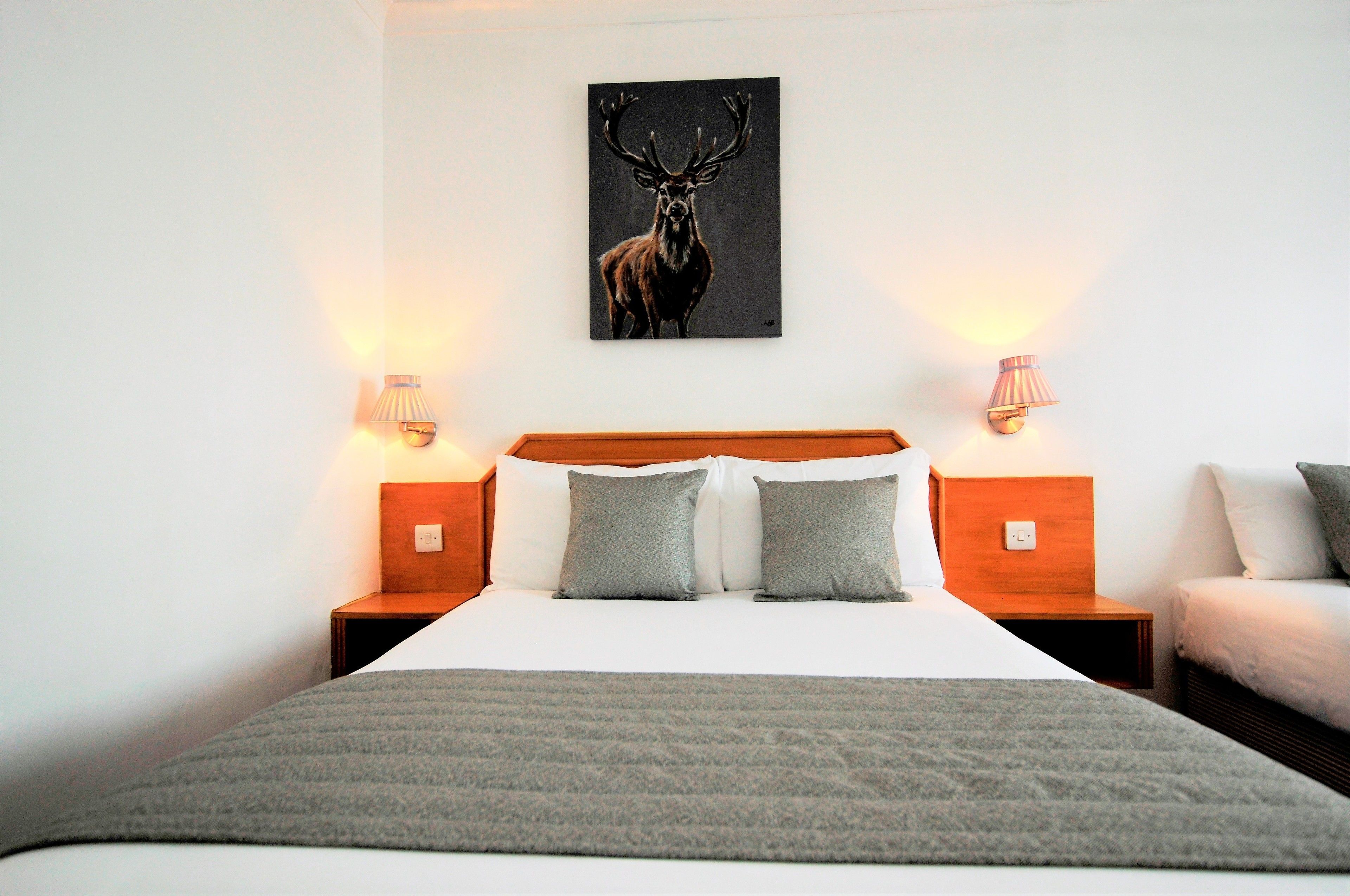 Quarto de hotel com uma cama grande, duas mesas de cabeceira, um quadro de veado fixado na parede e duas luminárias de parede.