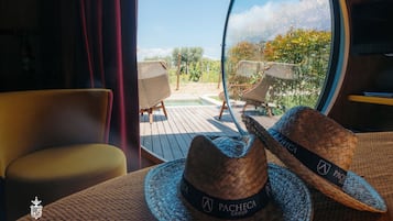 Quarto com vista para uma piscina e área externa com assentos, com chapéus de palha e o logotipo do Pacheca Group.