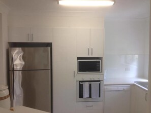 Um frigorífico/congelador grande, um micro-ondas, uma placa de cozinha