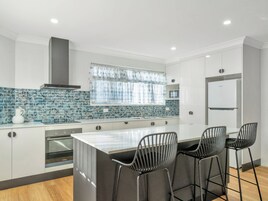 Apartamento luxo | Cozinha privada | Geladeira, cafeteira/chaleira, chaleira elétrica, produtos de limpeza