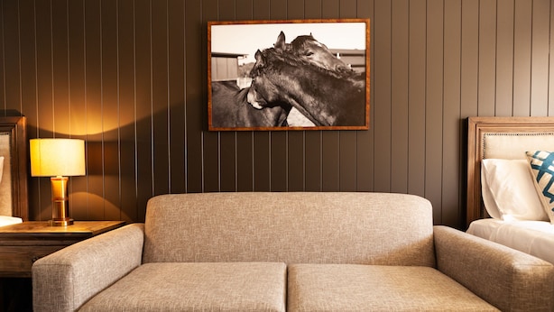 Quarto com sofá, quadro de cavalos, luminária e cama com almofadas.
