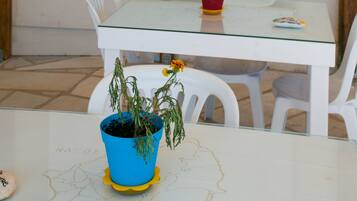 Uma sala de reuniões com uma mesa de vidro, cadeiras brancas e duas plantas em vasos.