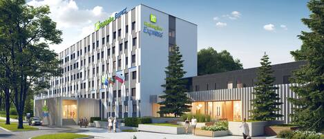 Edifício Holiday Inn Express com design moderno, apresentando uma entrada ampla, área de estar ao ar livre e jardins bem cuidados.