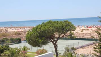 Vista da praia com quadra de tênis, guarda-sóis e uma grande árvore.
