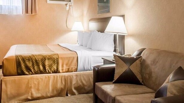 Quarto de hotel com cama, mesa de cabeceira com luminária, sofá e janela com cortinas.