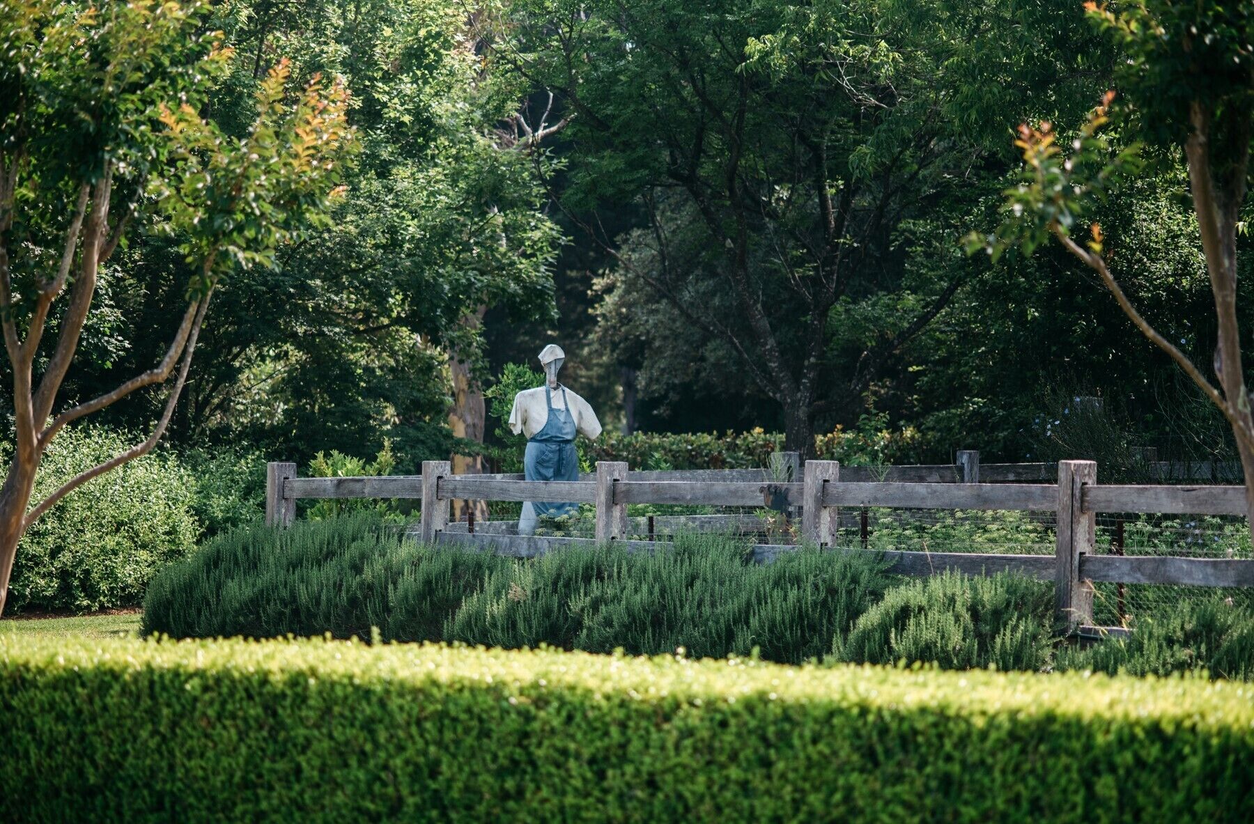 Estátua de uma pessoa em um jardim com cerca de madeira e vegetação exuberante.