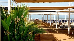 Um terraço à beira-mar com fileiras de cadeiras de praia brancas sob um toldo, com vista para o mar.