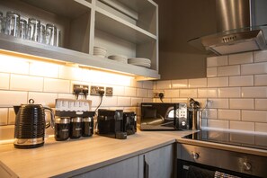 Apartamento de Luxo, 1 quarto | Cozinha privada | Um frigorífico/congelador grande, um micro-ondas, um forno 