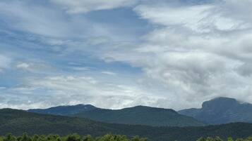 Paisagem montanhosa com floresta densa e céu nublado.