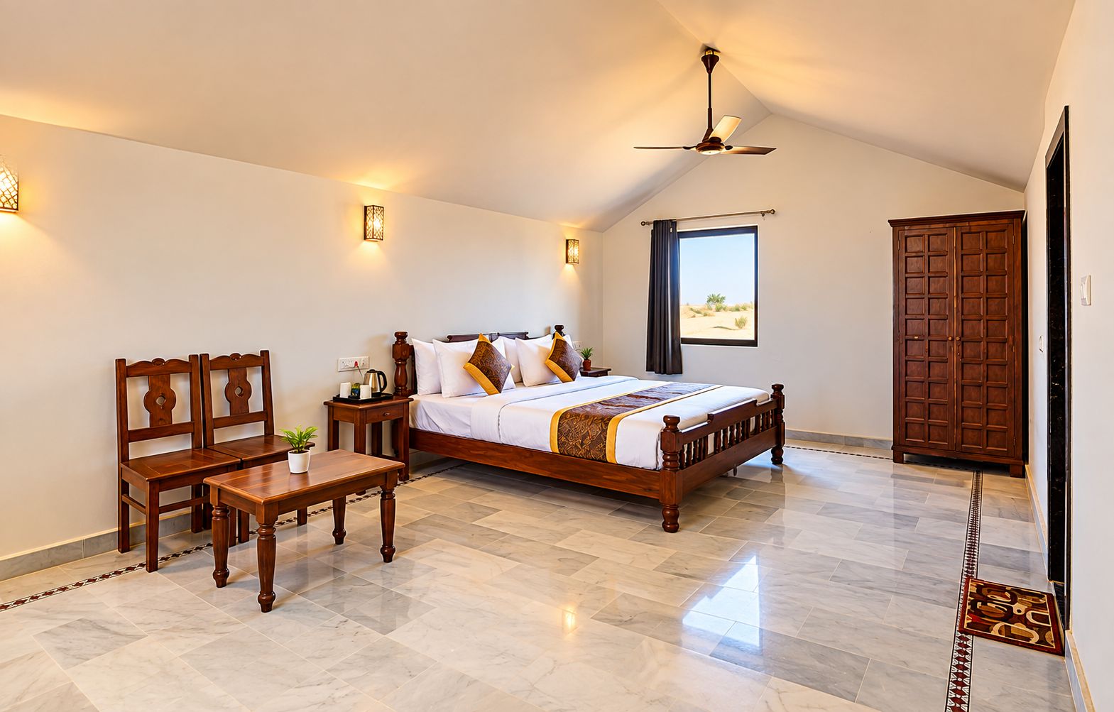 Quarto com cama, mesa de cabeceira, cadeira e guarda-roupa.
