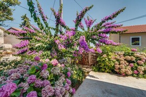 Um jardim com diversas plantas floridas e um muro de pedra.
