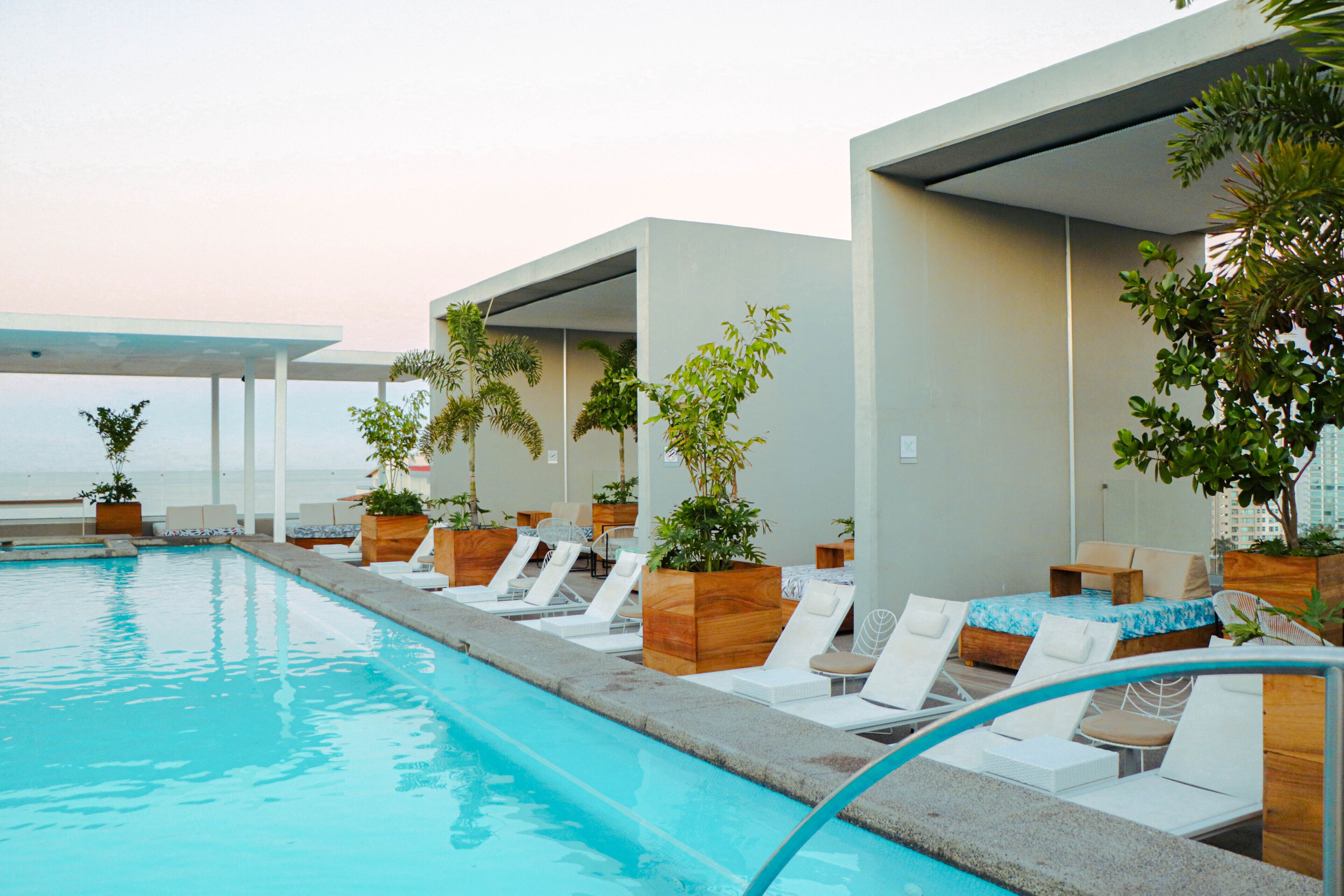 Uma área de piscina no terraço com espreguiçadeiras e vasos de plantas.