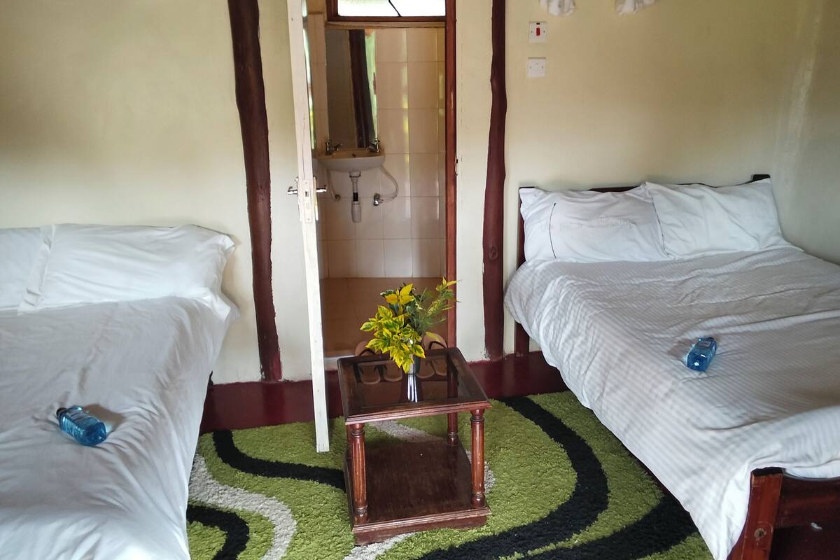 Quarto com duas camas, uma mesinha com um vaso de flores e um banheiro visível por uma porta aberta.