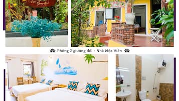 Quarto Duplo Básico, 2 camas de casal, vista para o jardim | Roupa de alta qualidade, edredões de penas, secretária