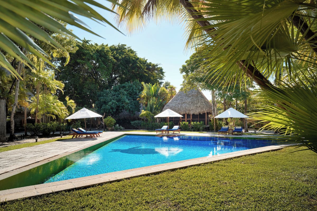 Piscina com espreguiçadeiras e guarda-sóis, rodeada por vegetação exuberante e uma construção com telhado de palha.