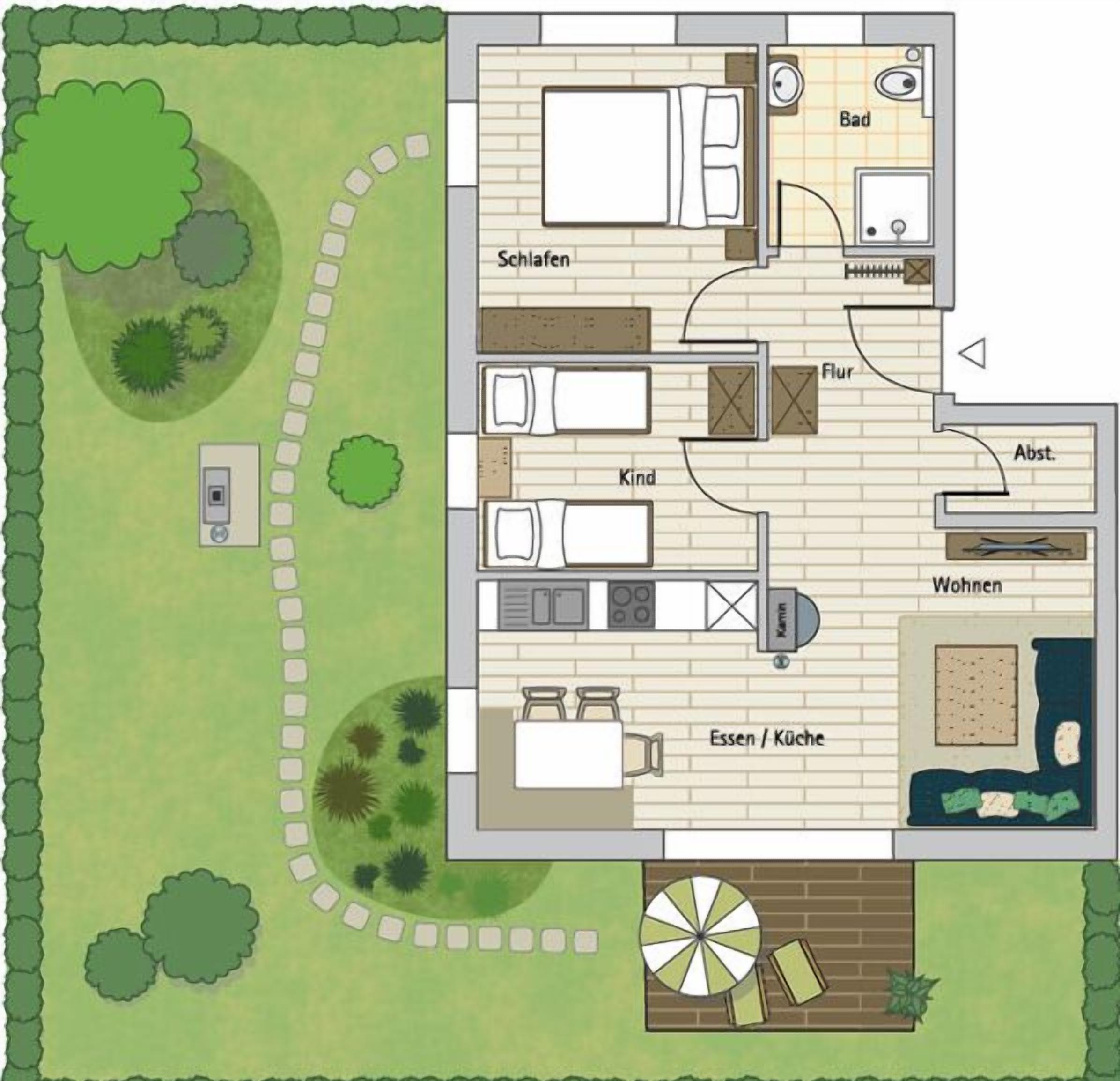 Planta baixa de uma casa com quarto, banheiro, cozinha, sala de jantar e sala de estar.