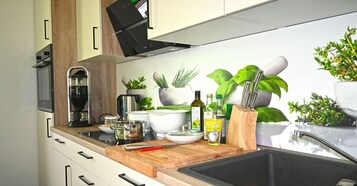 Apartamento | Cozinha privada | Um frigorífico/congelador grande, um forno, uma placa de cozinha 