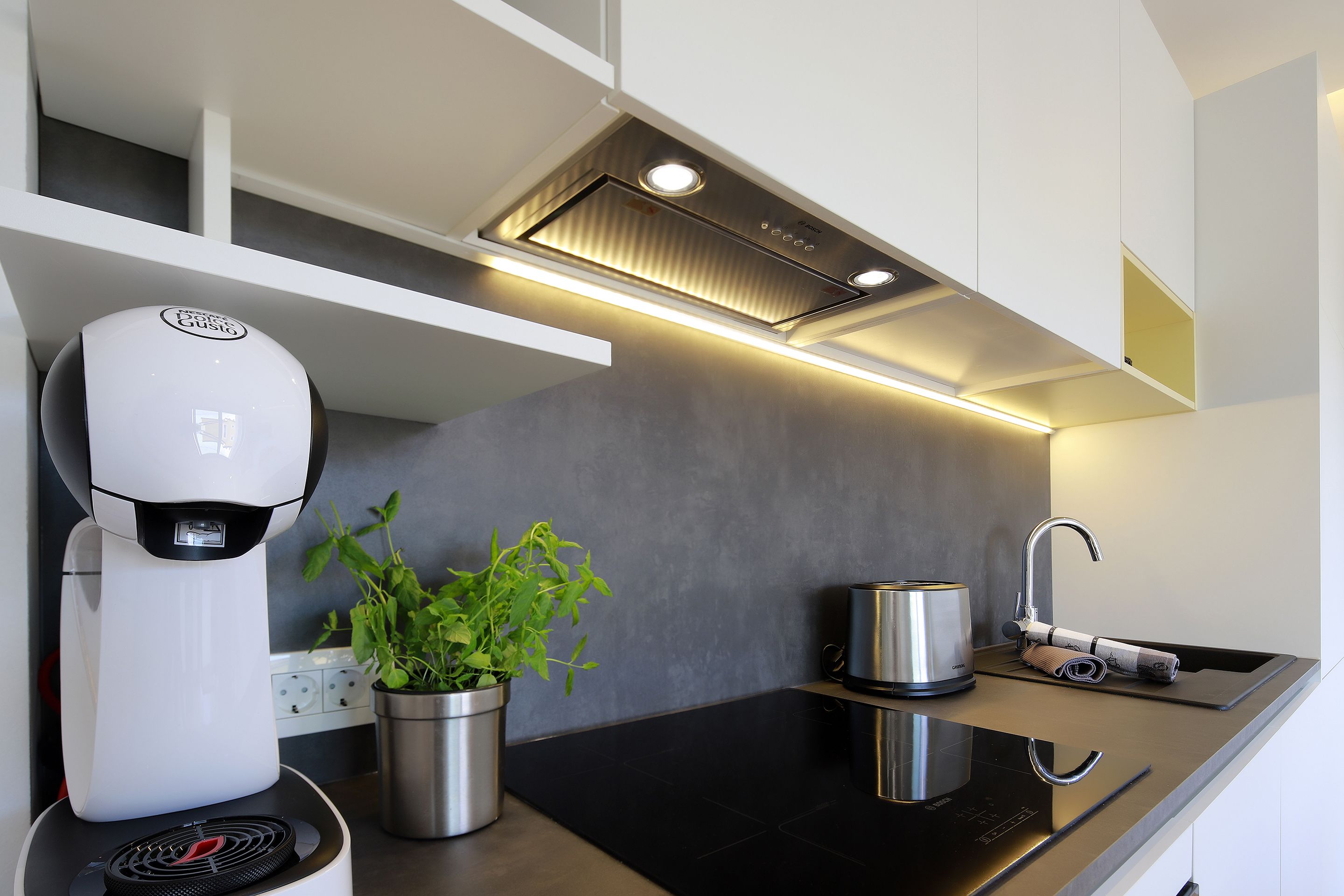 Cozinha moderna com máquina de café embutida, um vaso de planta e uma pia de aço inoxidável.