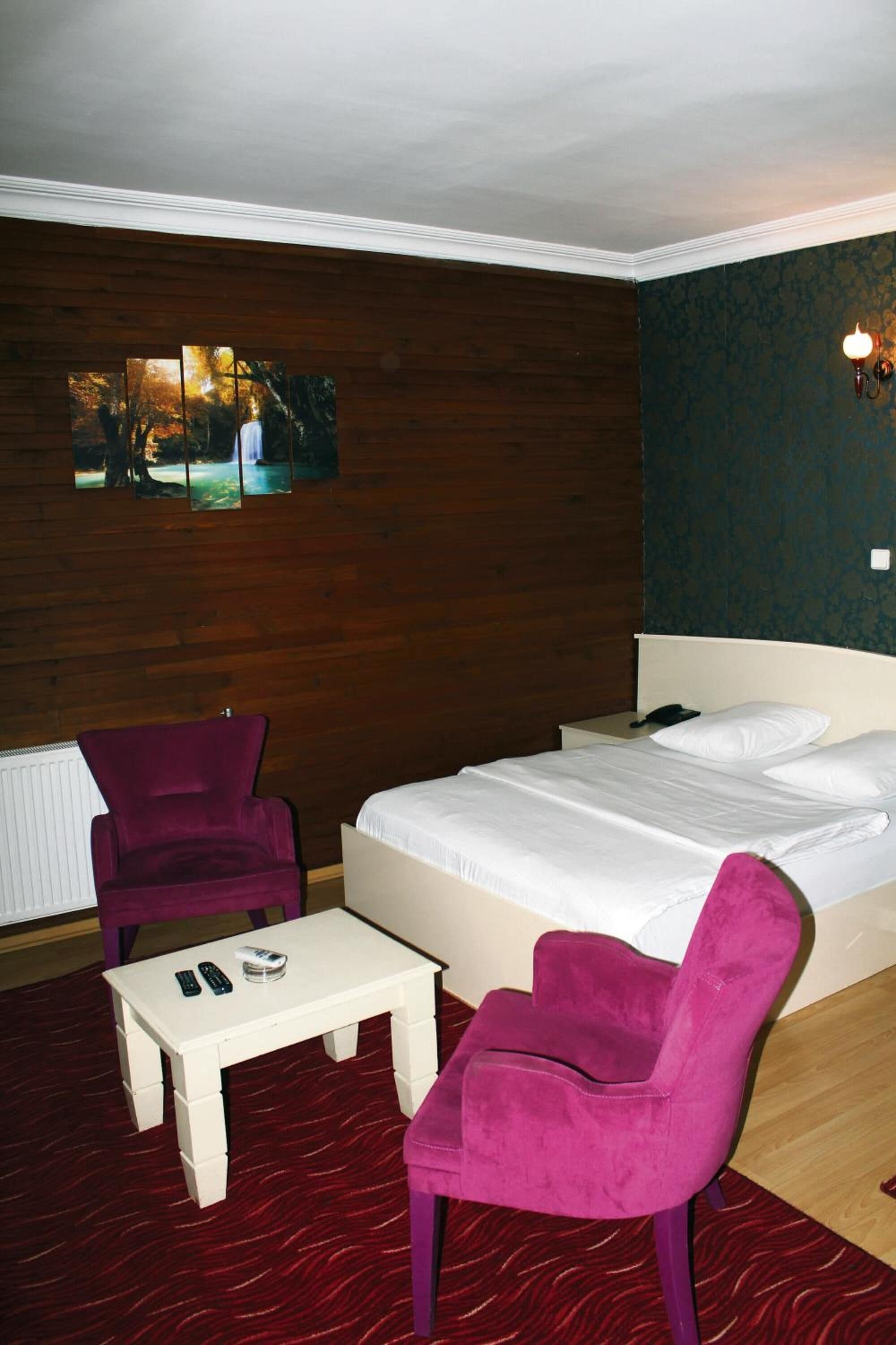 Quarto de hotel com uma cama, duas cadeiras, uma mesinha, um radiador, uma luminária na parede e um quadro.