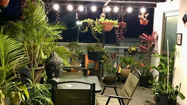 Uma área externa coberta com uma mesa e cadeiras, rodeada por diversos vasos de plantas e jardineiras suspensas.